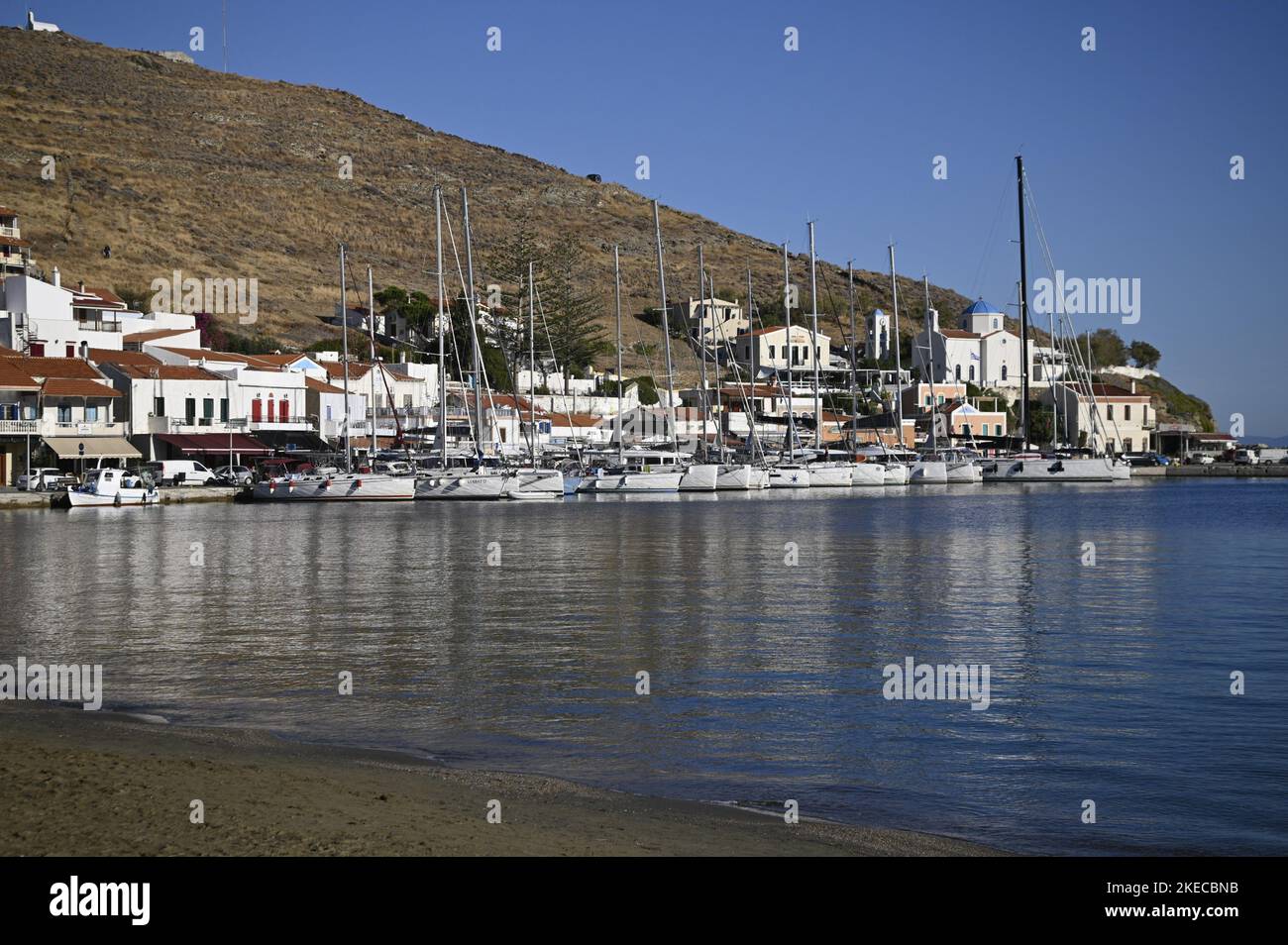 Landscape with scenic view of Korissia port and town in Kea island ...