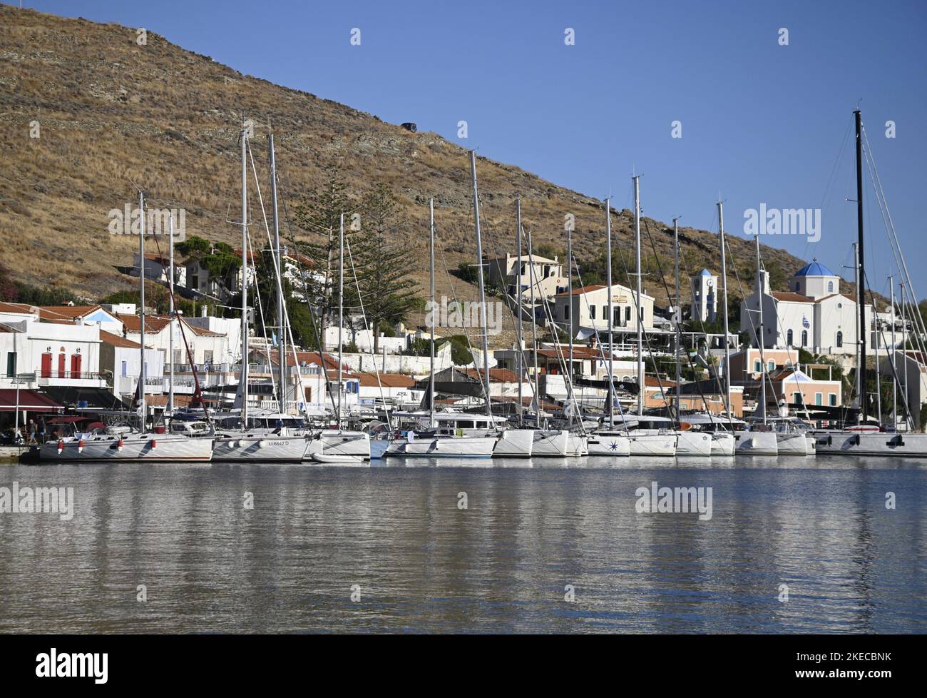 Landscape with scenic view of Korissia port and town in Kea island ...