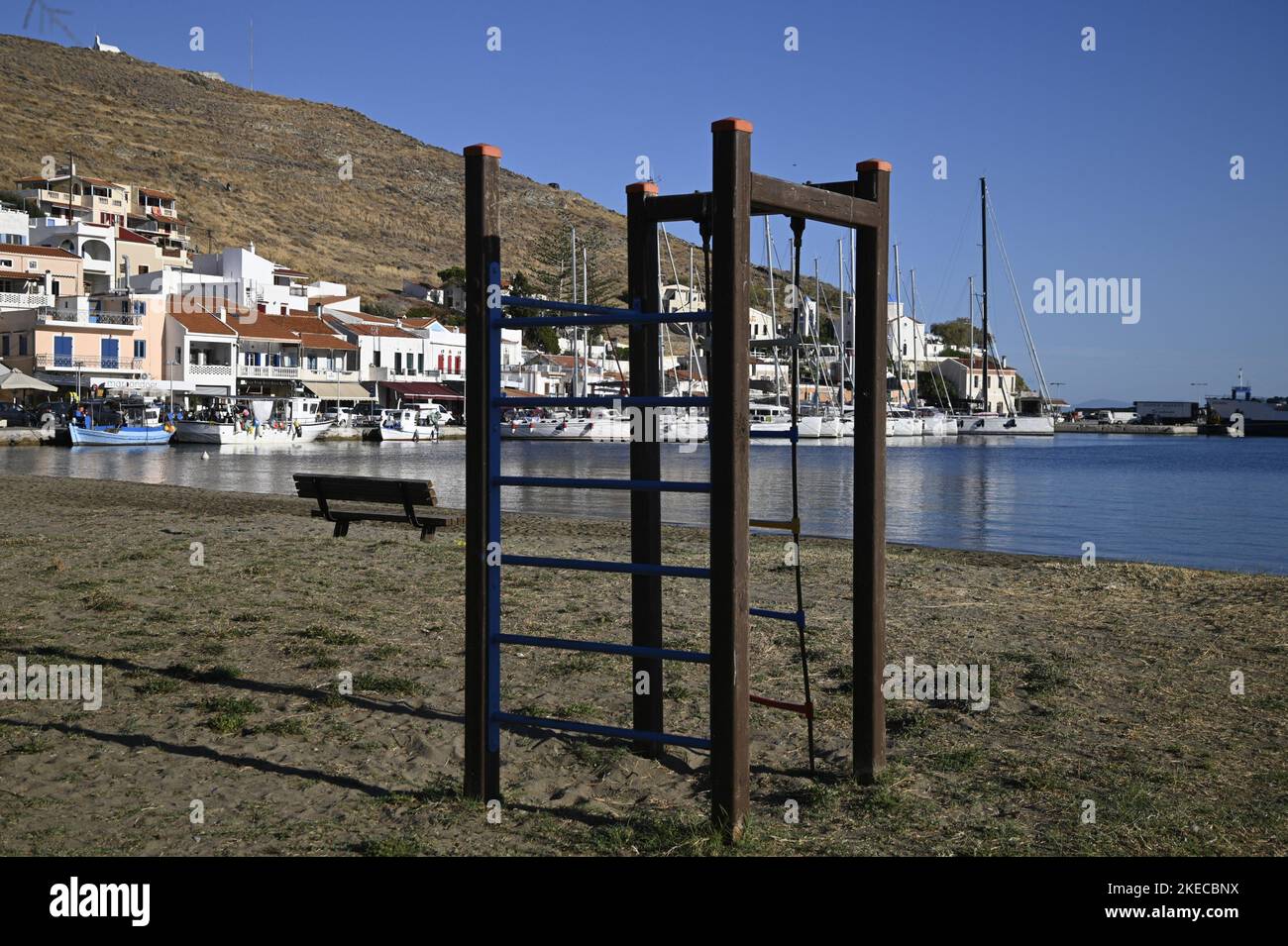 Landscape with scenic view of Korissia port and town in Kea island ...