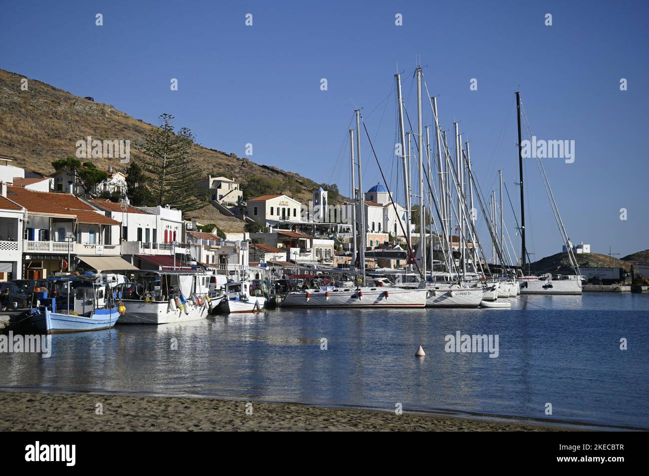 Landscape with scenic view of Korissia port and town in Kea island ...