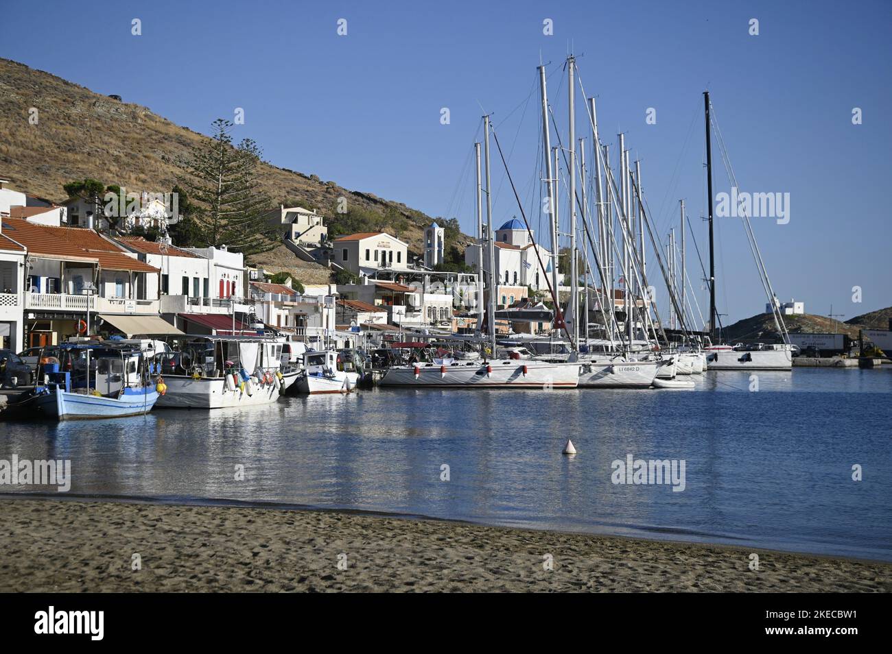 Landscape with scenic view of Korissia port and town in Kea island ...