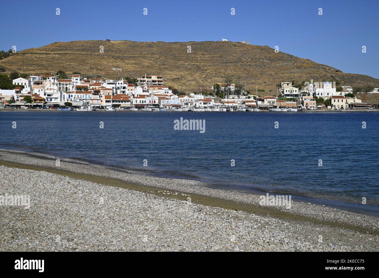 Landscape with scenic view of Korissia port and town in Kea island ...