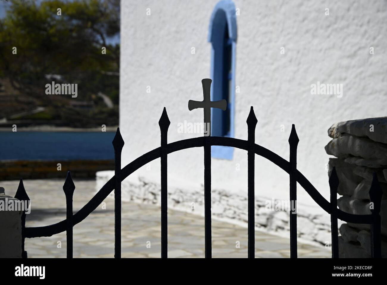 Traditional handcrafted wrought iron entrance gate of Aghios Sozon a ...