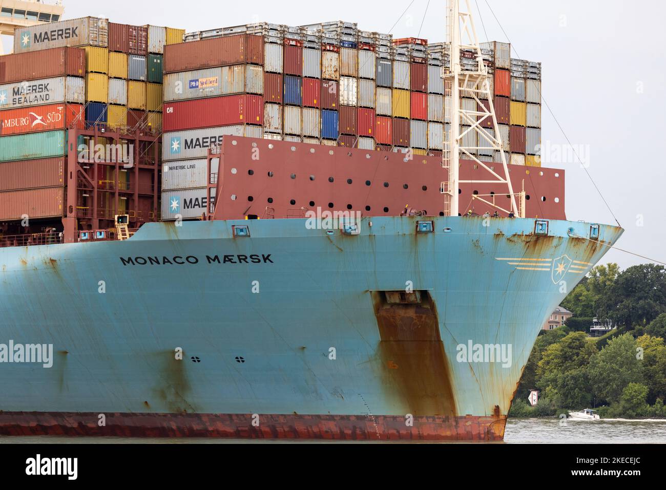 The container ship Monaco Maersk entering the port of Hamburg Stock ...