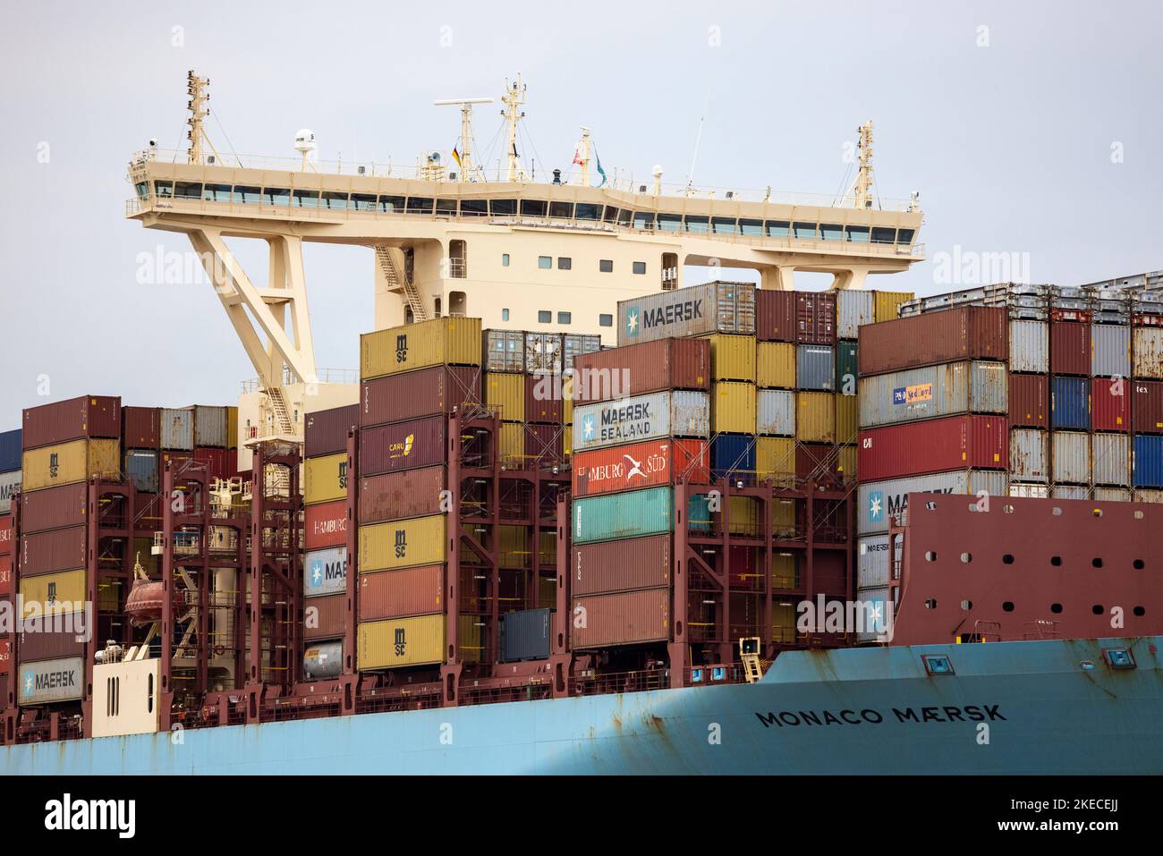 The container ship Monaco Maersk entering the port of Hamburg Stock ...