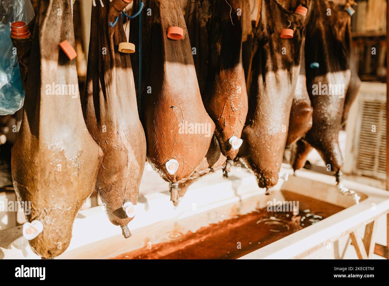 Saudi Arabia, Najran province, Najran, water bag, animal skin, detail ...