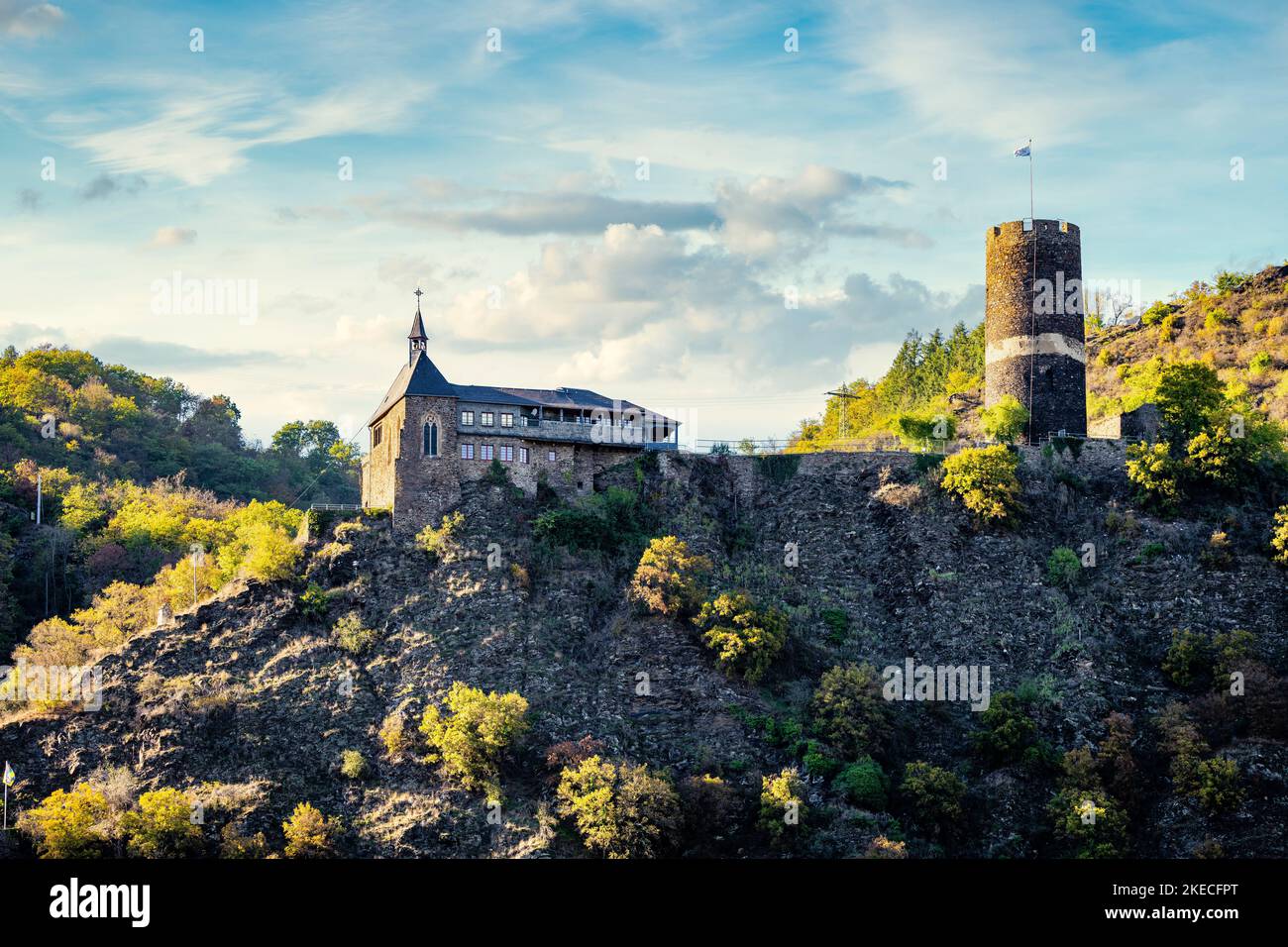 Bischofstein Castle on the Moselle, opposite the village of Burgen, a ...