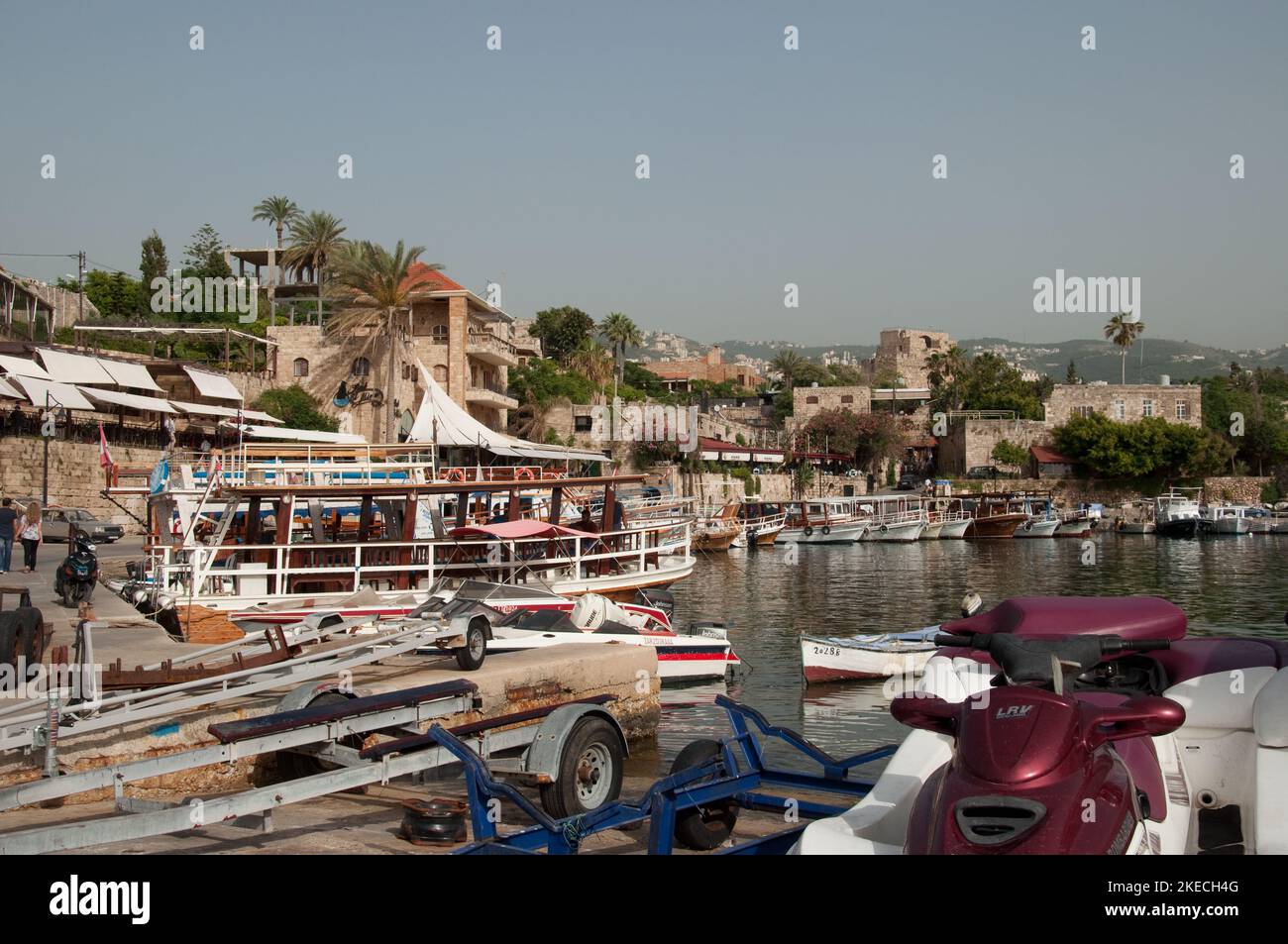 Harbour, Byblos, Lebanon. Pretty harbour with boats, houses and palm ...