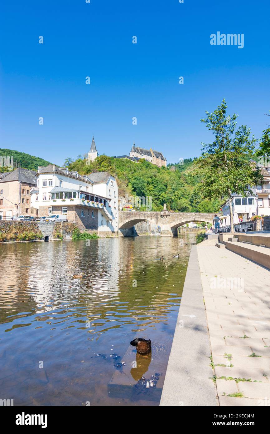 Vianden (Veianen), river Our, Vianden Castle, old town in Luxembourg ...