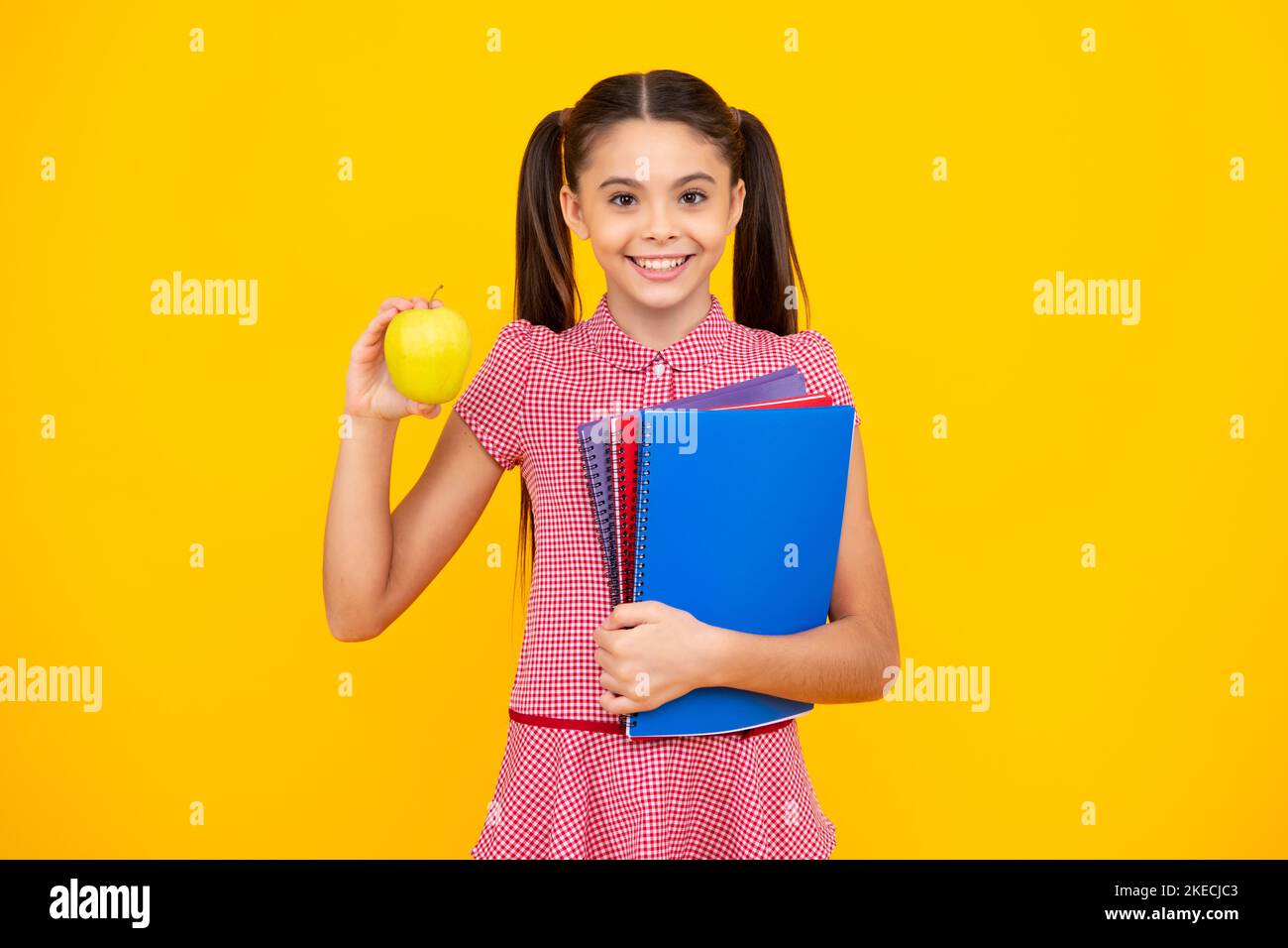 Schoolgirl with copy book posing on isolated background. Literature ...