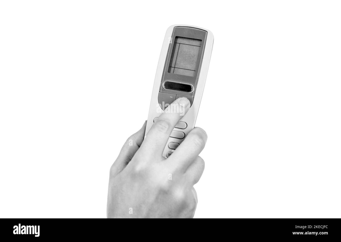 hand pressing button on remote control isolated on white background ...