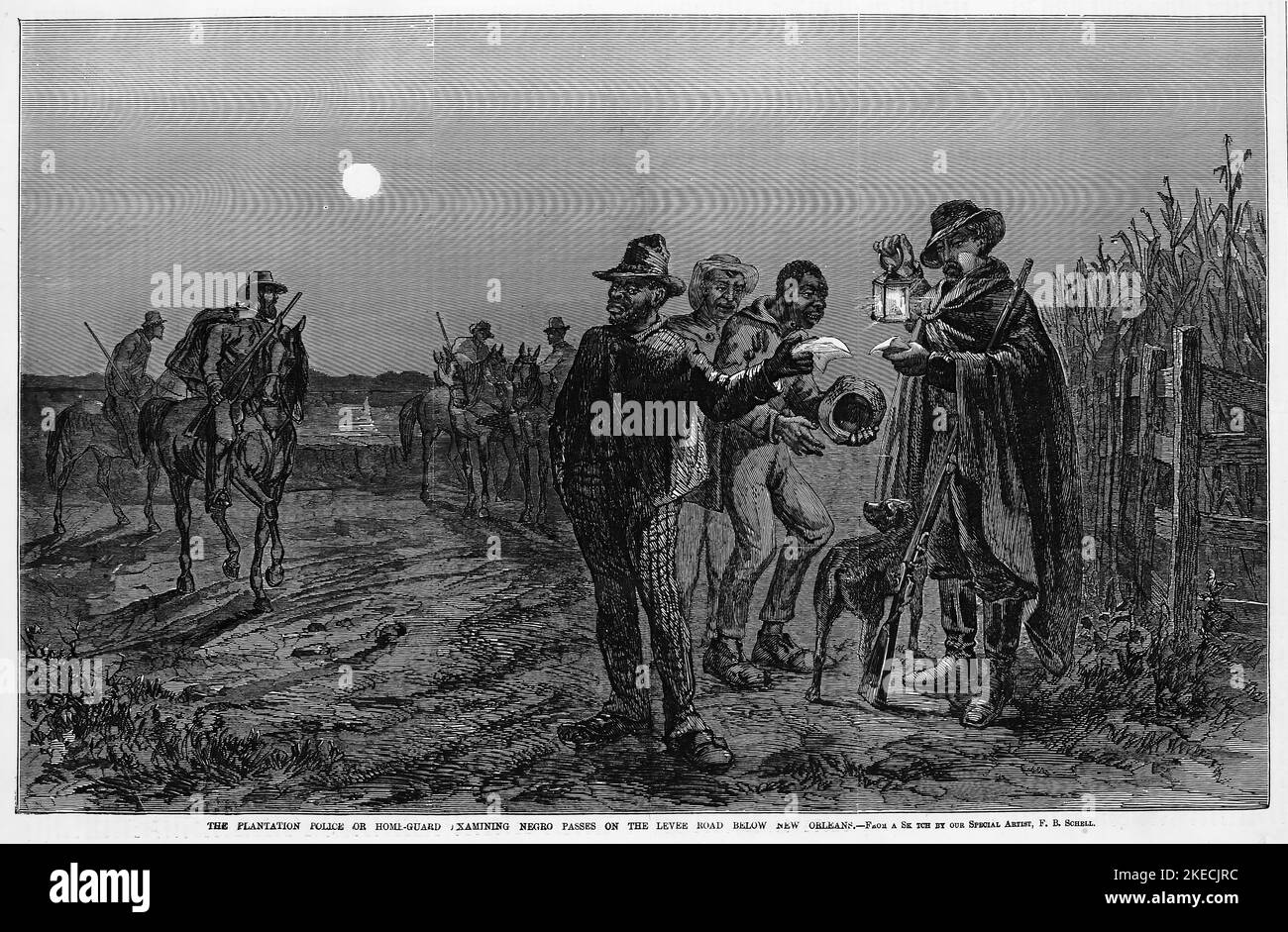 The plantation police or home guard examining negro passes on the levee ...