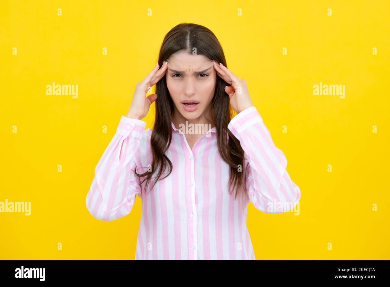 Exhausted tired girl desperate and stressed because pain and migraine ...