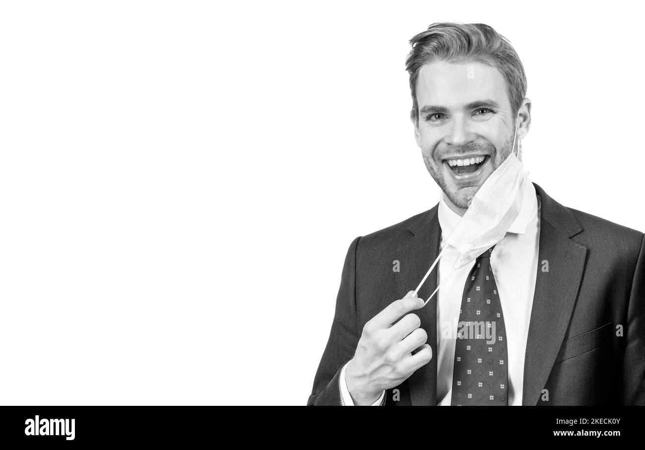 No more face covering. Happy businessman take off mask. Stop mandating ...