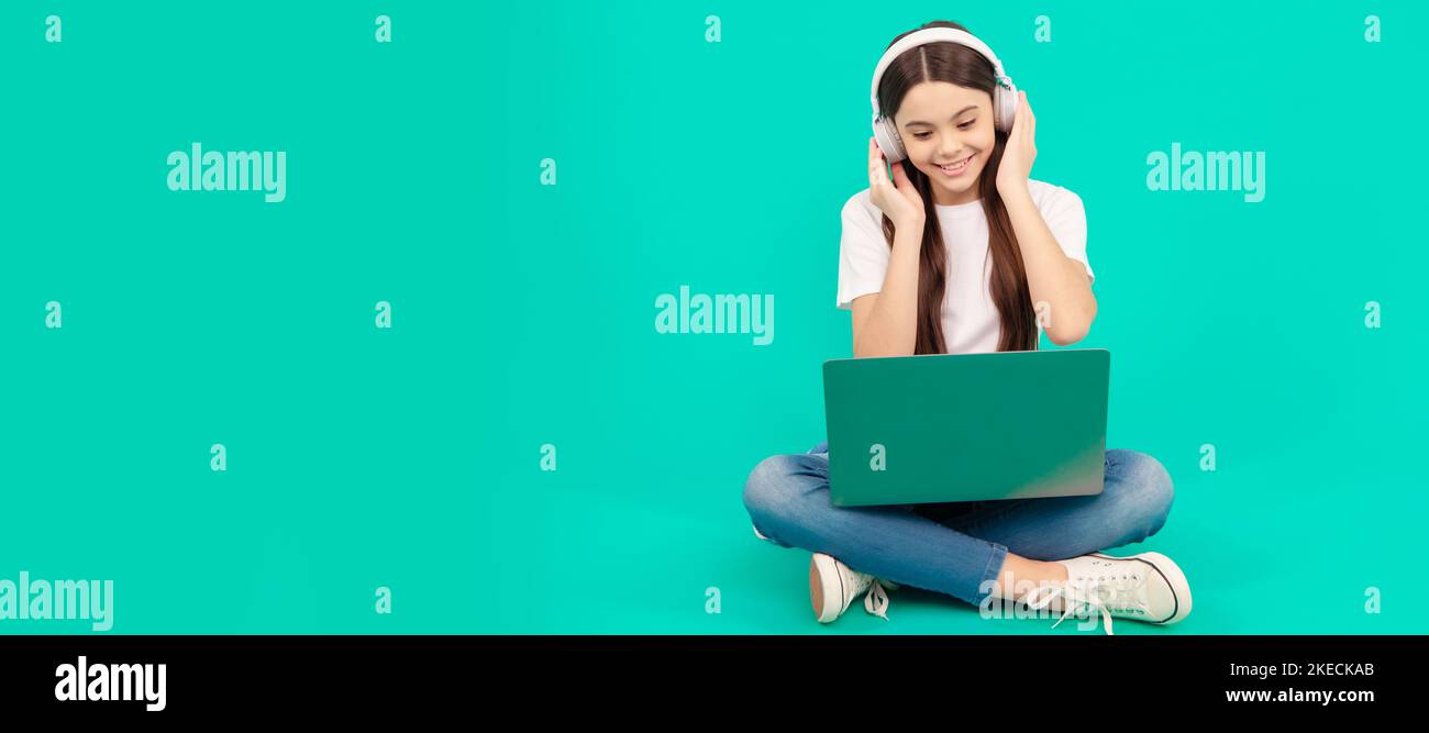 happy teen girl use computer for video call or listen webinar in ...