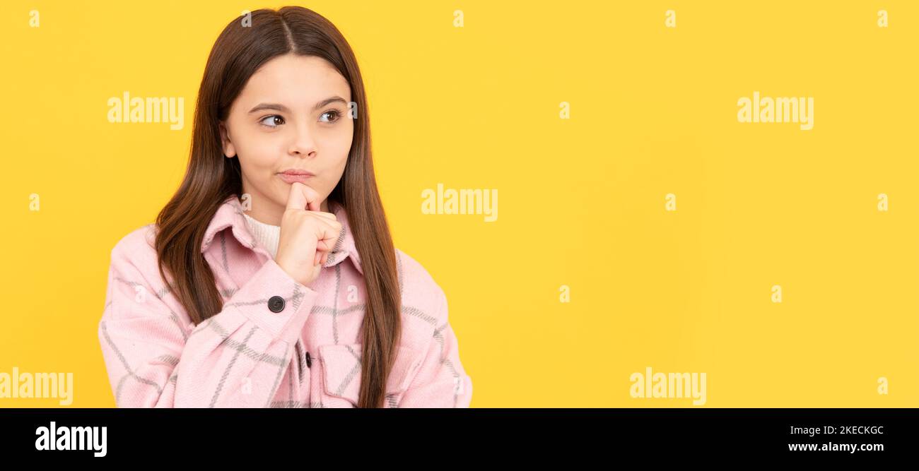 thoughtful look. tween child wear plaid shirt. chequered flannel jacket ...
