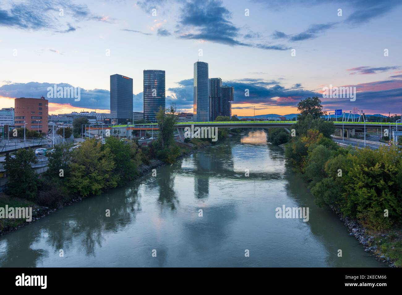 Vienna, river Donaukanal, high-rises Wien Energie headquarters (left ...
