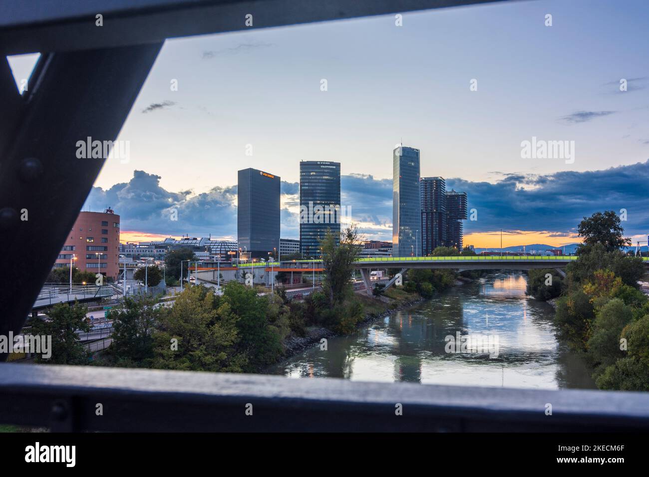 Vienna, river Donaukanal, high-rises Wien Energie headquarters (left ...