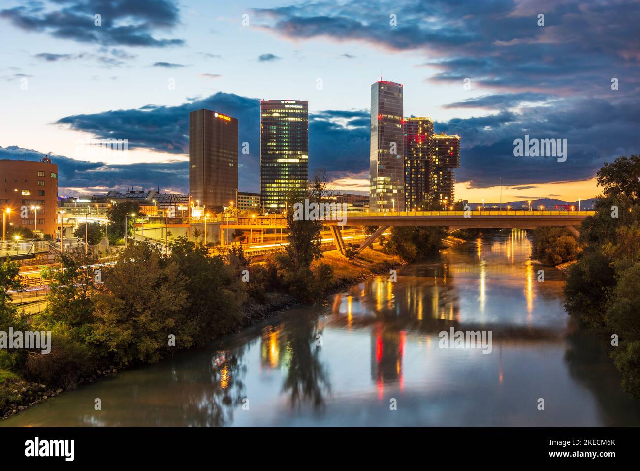 Vienna, river Donaukanal, high-rises Wien Energie headquarters (left ...