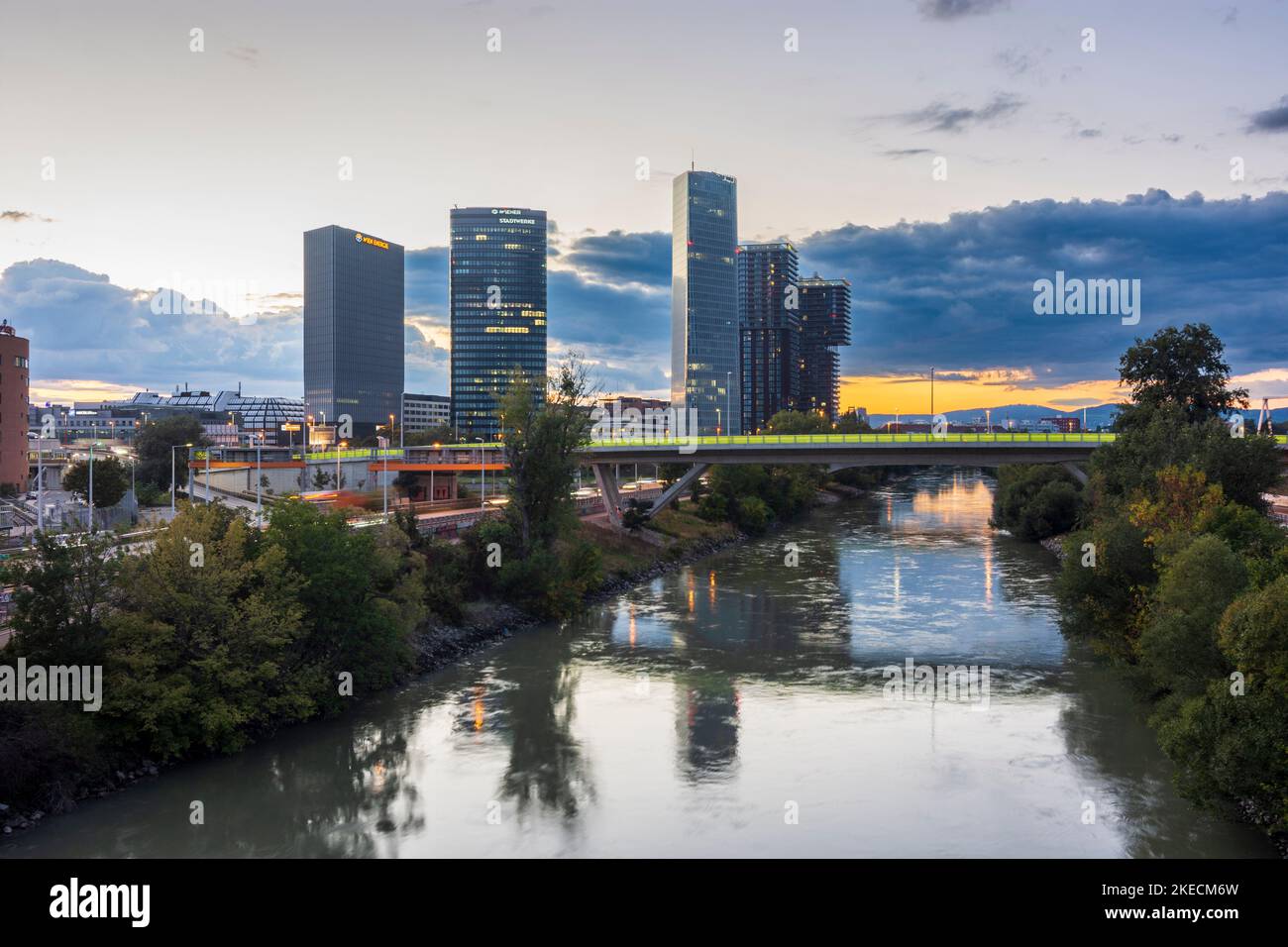 Vienna, river Donaukanal, high-rises Wien Energie headquarters (left ...