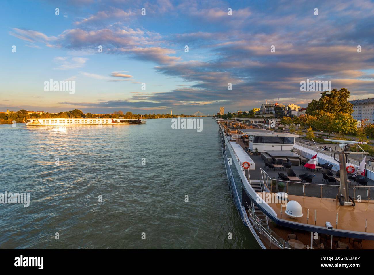 Vienna, river Donau (Danube), cruise ships, one is turning around, at ...