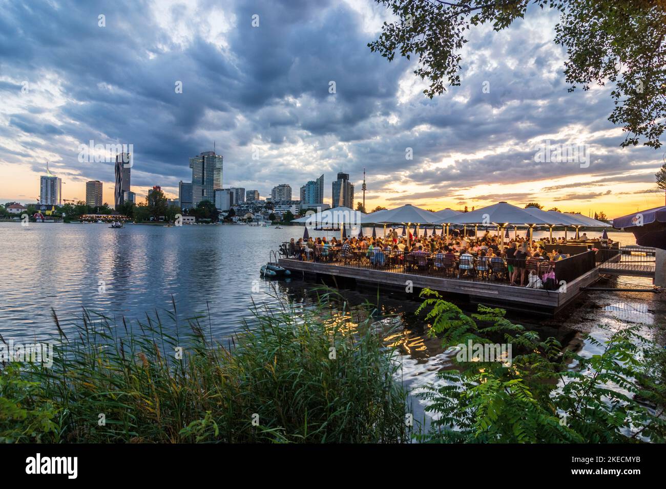 Vienna, oxbow lake Alte Donau (Old Danube), sunset, floating restaurant ...