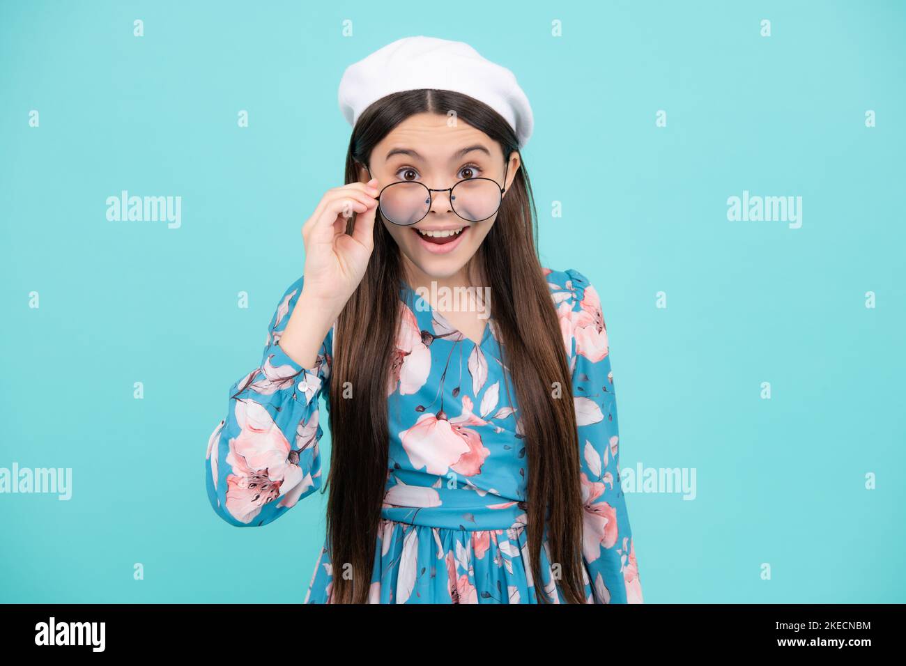 Portrait of teenager child girl in glasses. Kid at eye sight test. Girl ...