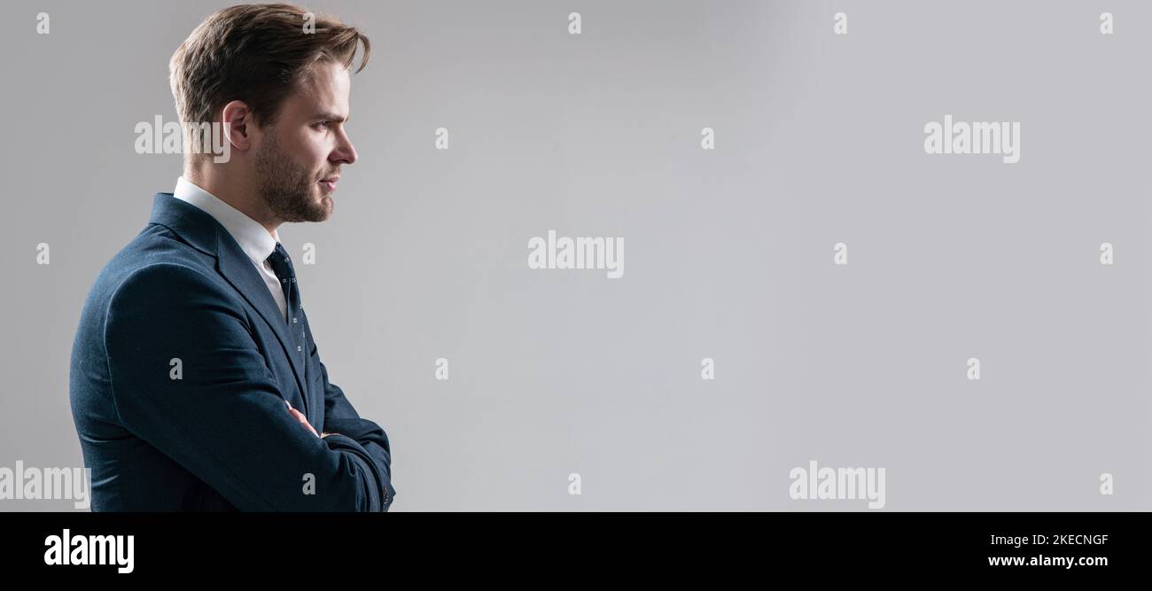 Boost your confidence. Confident guy sideway grey background ...