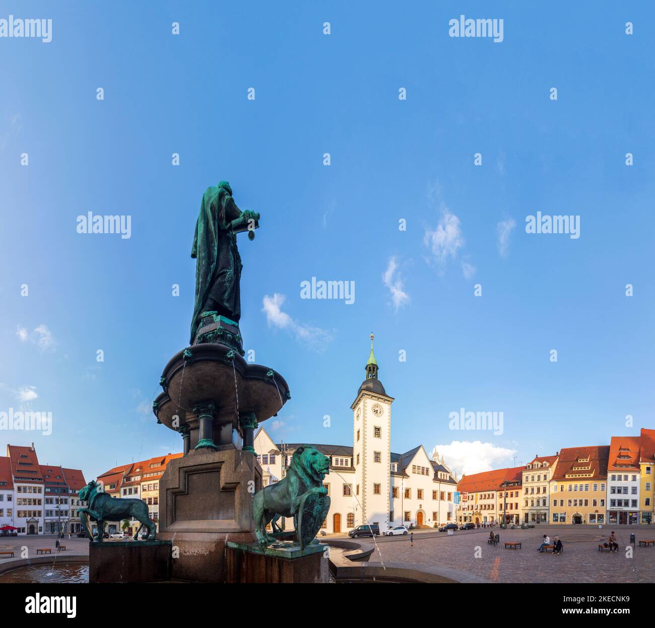 Freiberg, square Obermarkt, Town Hall, fountain in Sachsen, Saxony ...