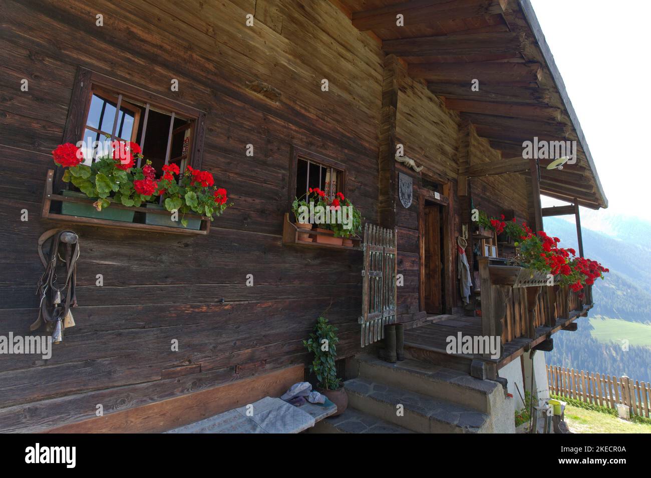 House entrance from wood beam construction of mountain farm in the ...