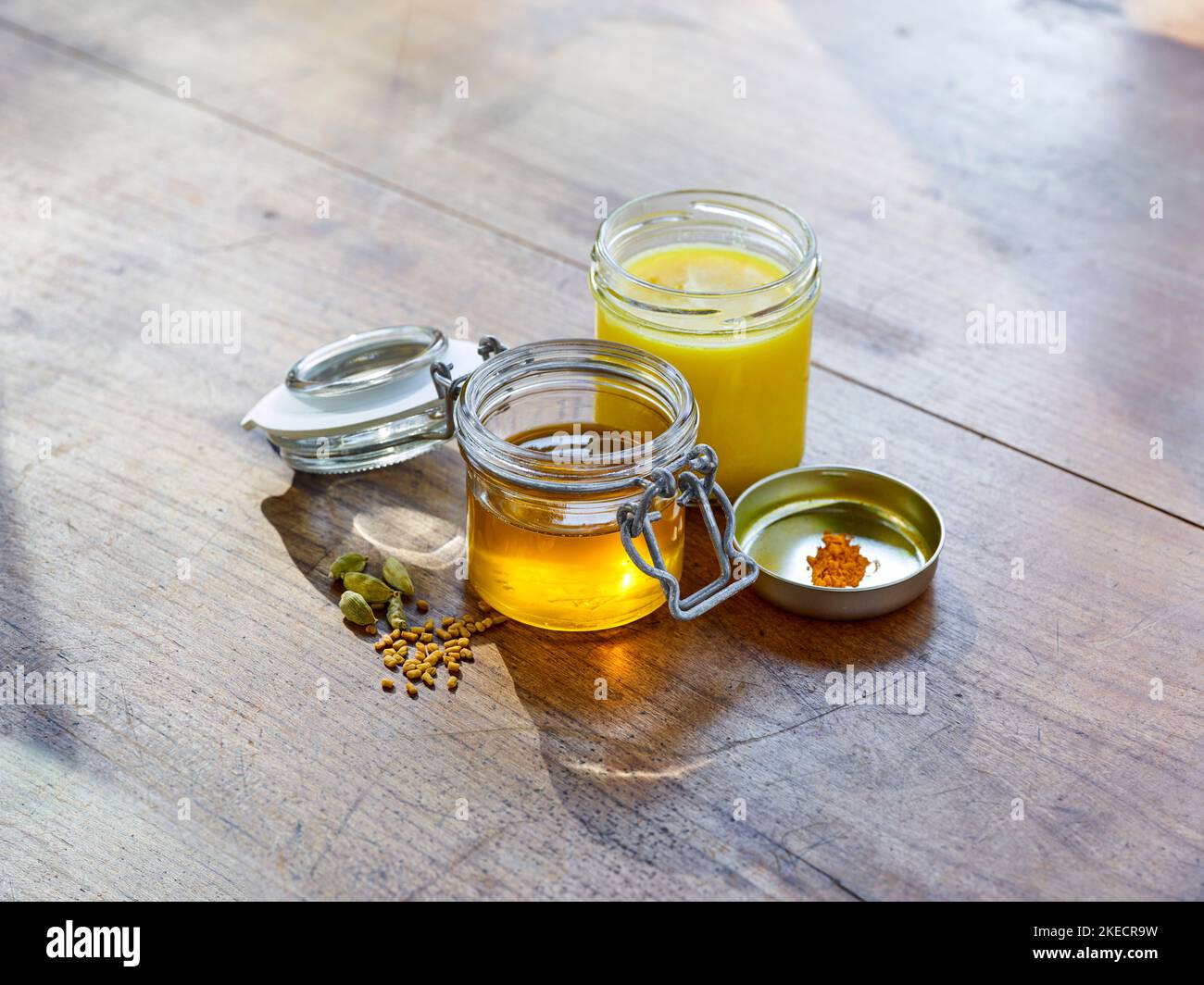 ayurvedic cuisine, one jar each with still liquid and already solid ...