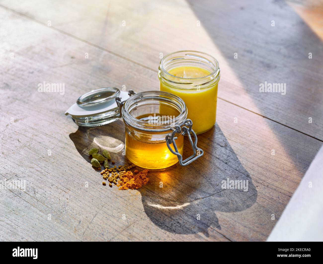 ayurvedic cuisine, one jar each with still liquid and already solid ...
