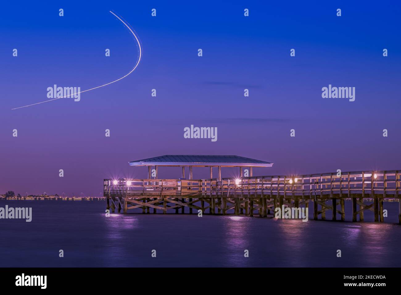 An aerial view of the Safety Harbor pier surrounded by water in Florida ...