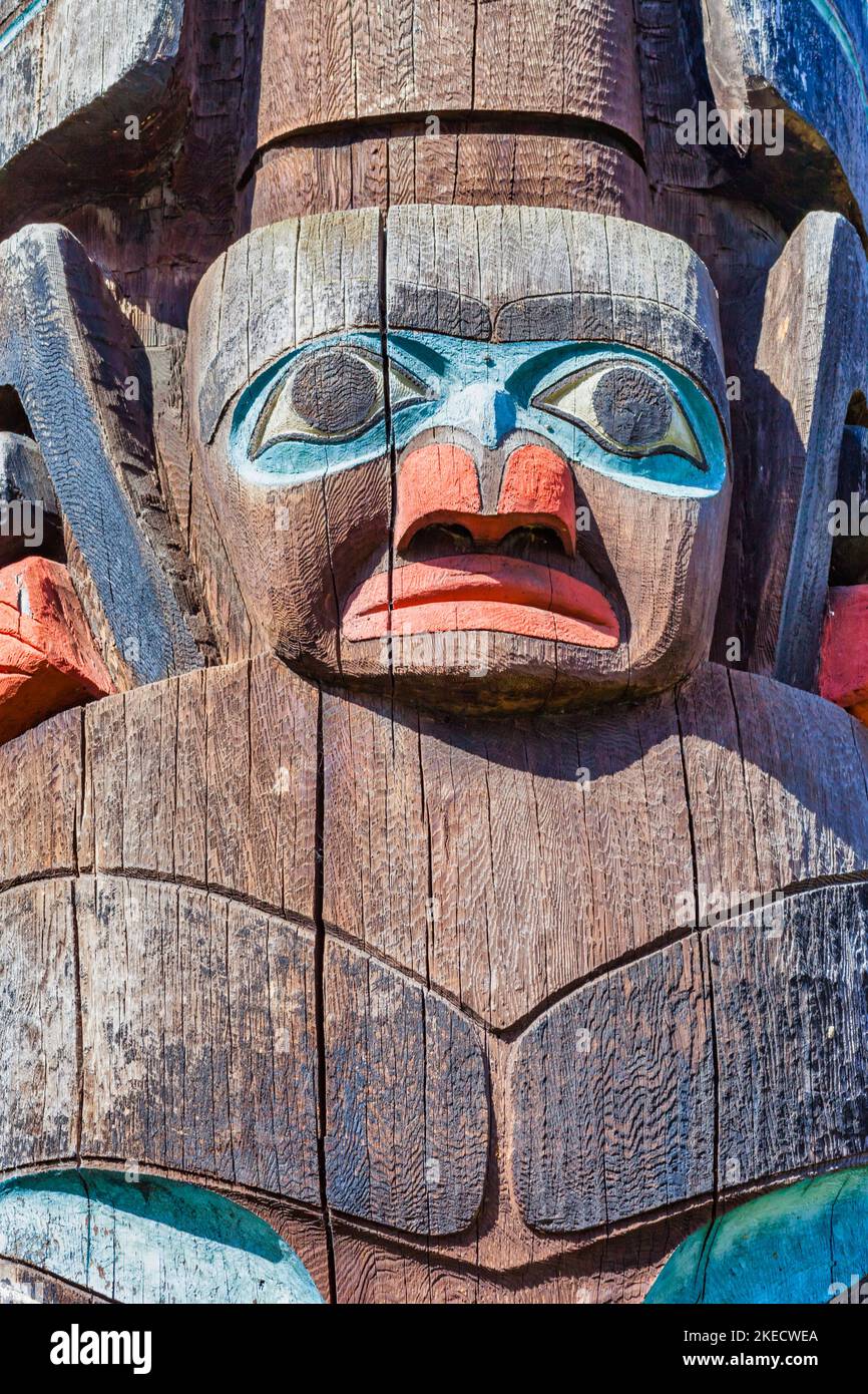 Traditional totem pole detail in Thunderbird Park, Victoria, BC, Canada ...