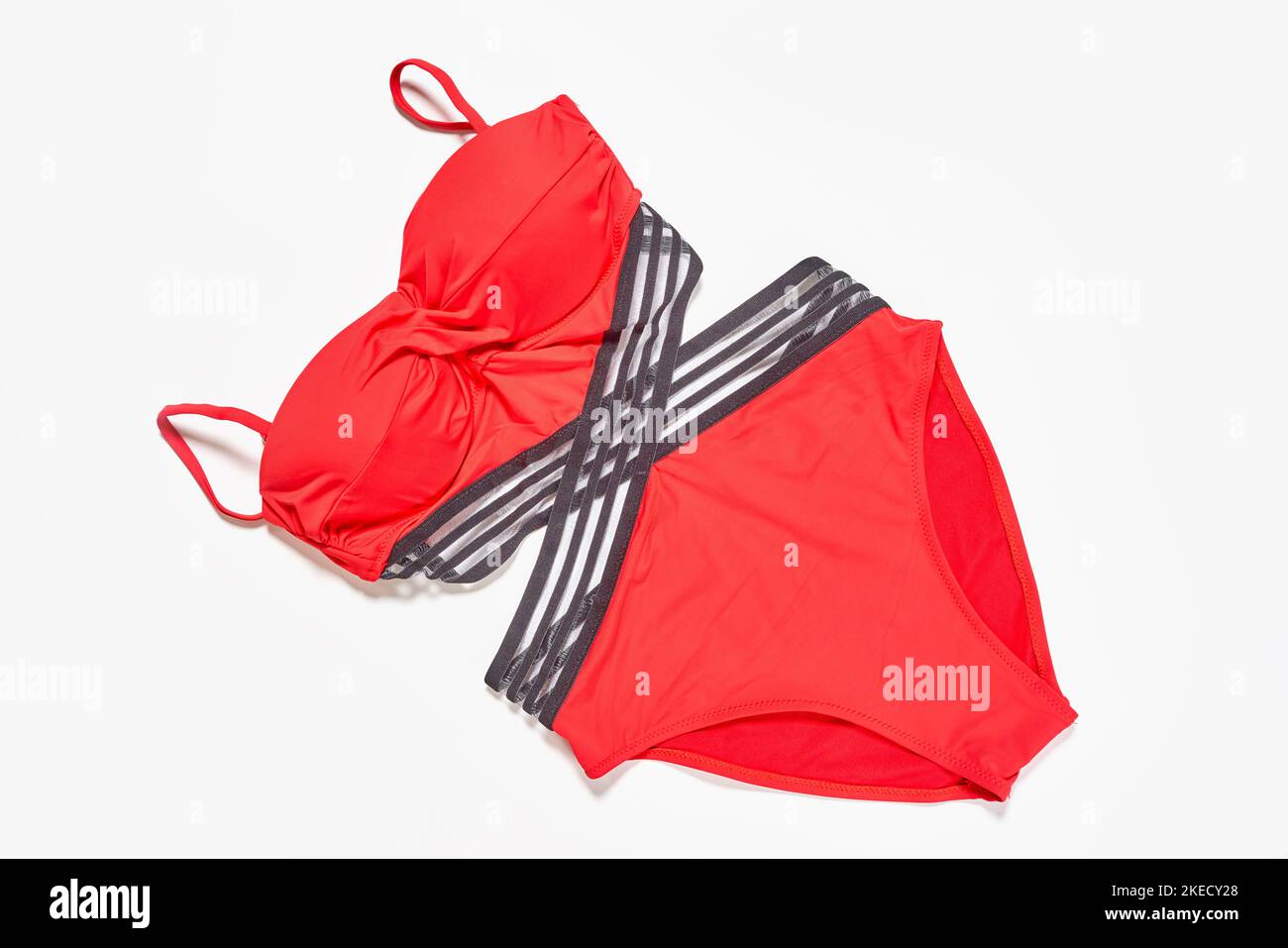 two red bikinis, one with black stripes and the other with grey ...