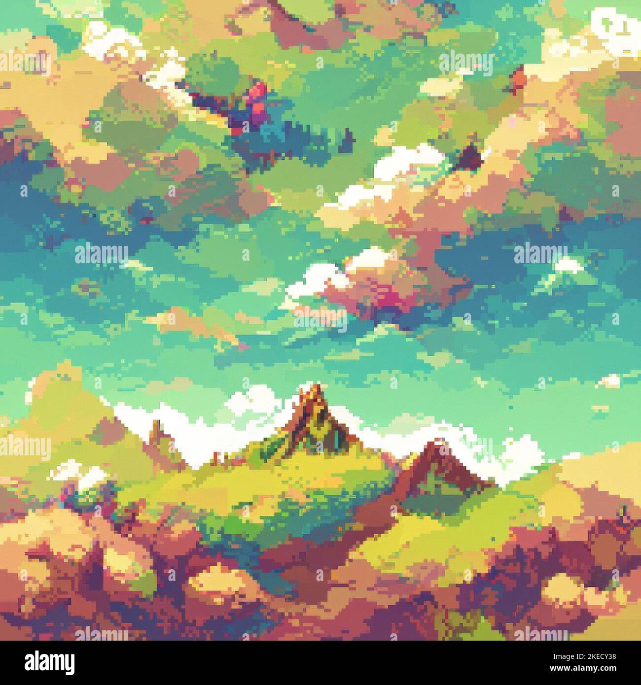 A pixel art with colorful mountains and trees, sky background Stock ...
