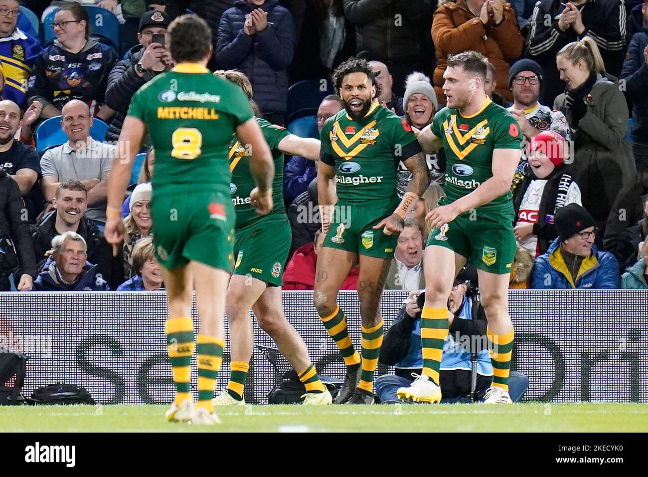 Australia's Josh Addo-Carr (centre) celebrates scoring their side's ...