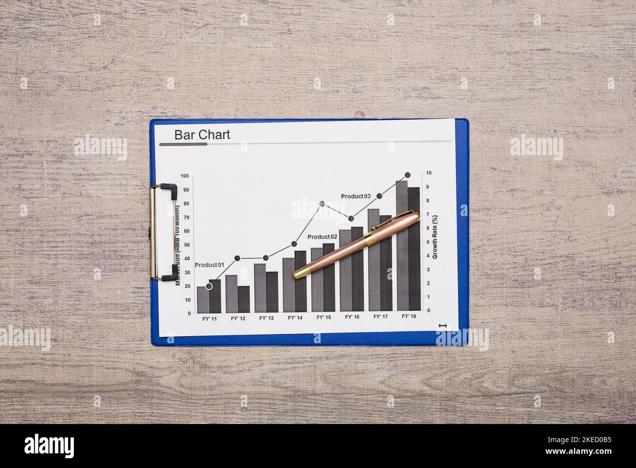 a bar chart on a clipboard with a pen in the middle and an arrow ...