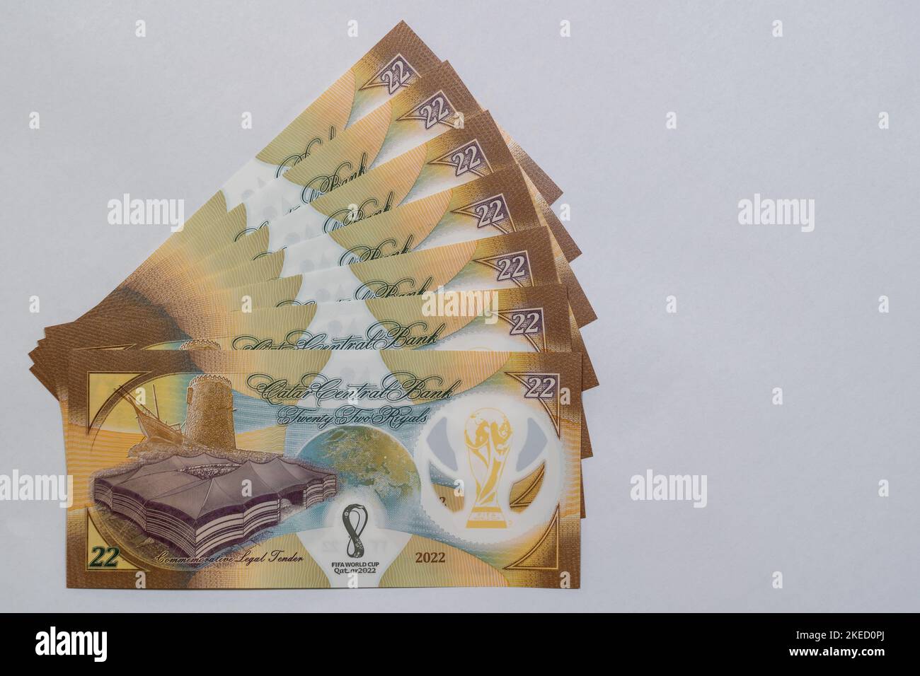 Close up of new Qatar 22 Riyals notes to commemorate the FIFA World Cup ...