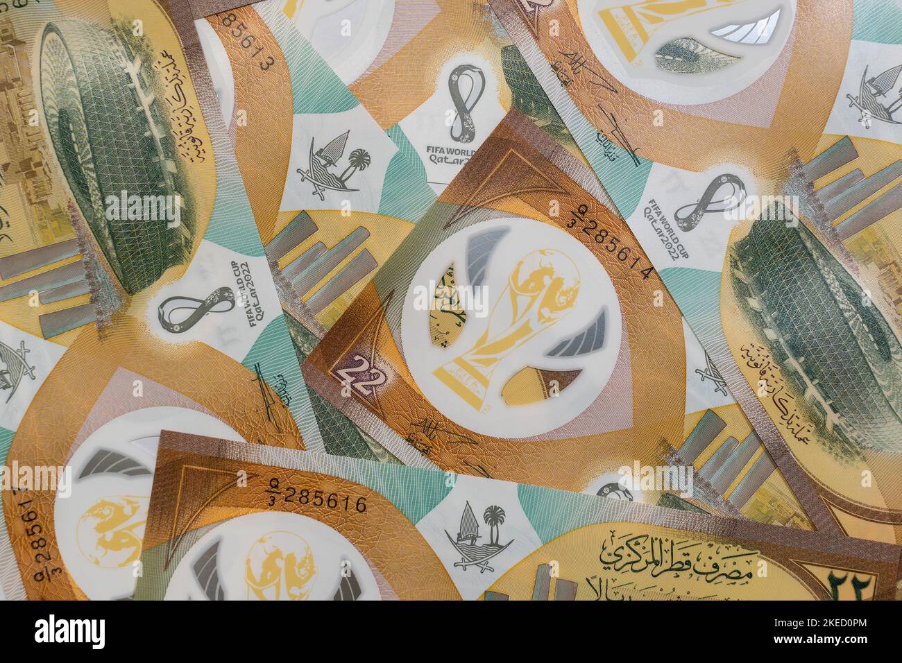Close up of new Qatar 22 Riyals notes to commemorate the FIFA World Cup ...