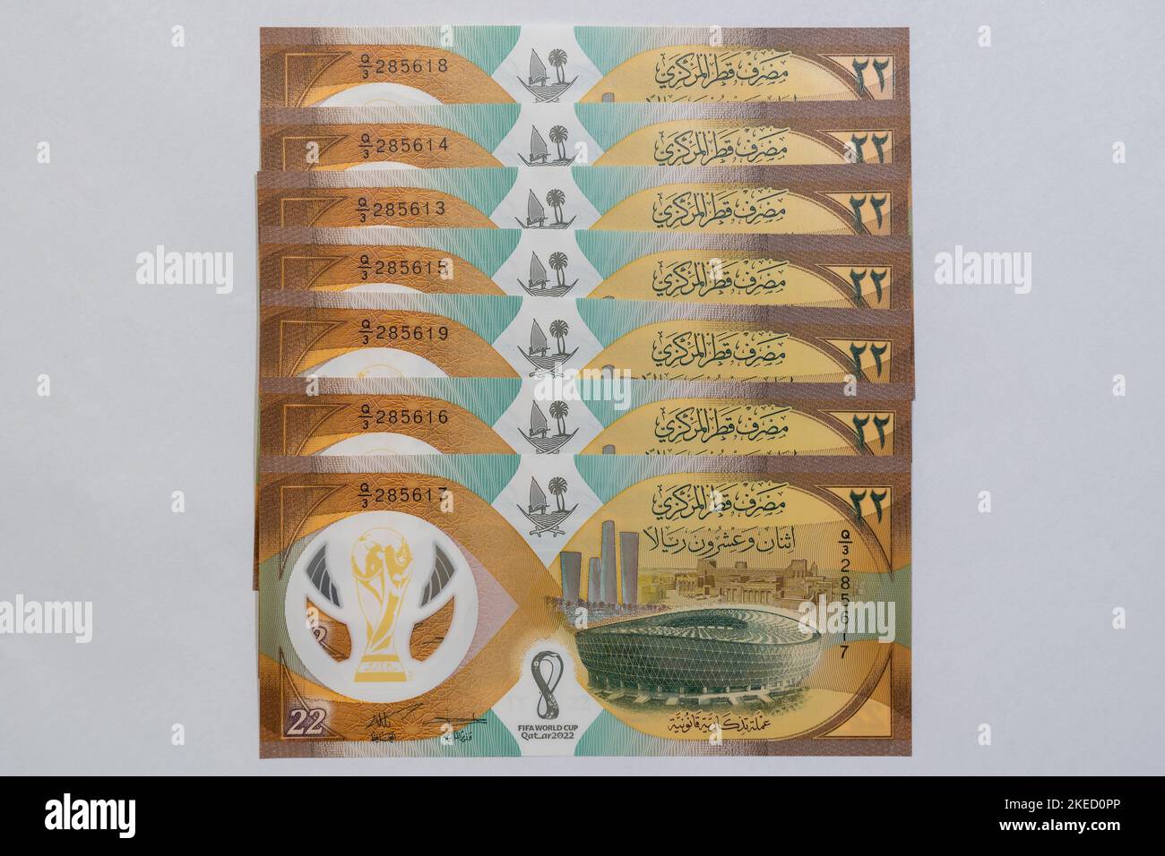 Close up of new Qatar 22 Riyals notes to commemorate the FIFA World Cup ...