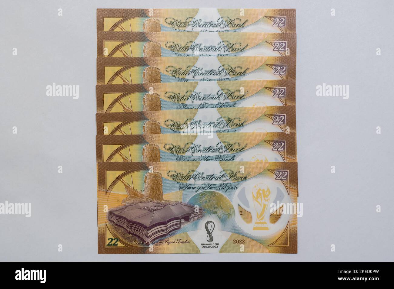 Close up of new Qatar 22 Riyals notes to commemorate the FIFA World Cup ...
