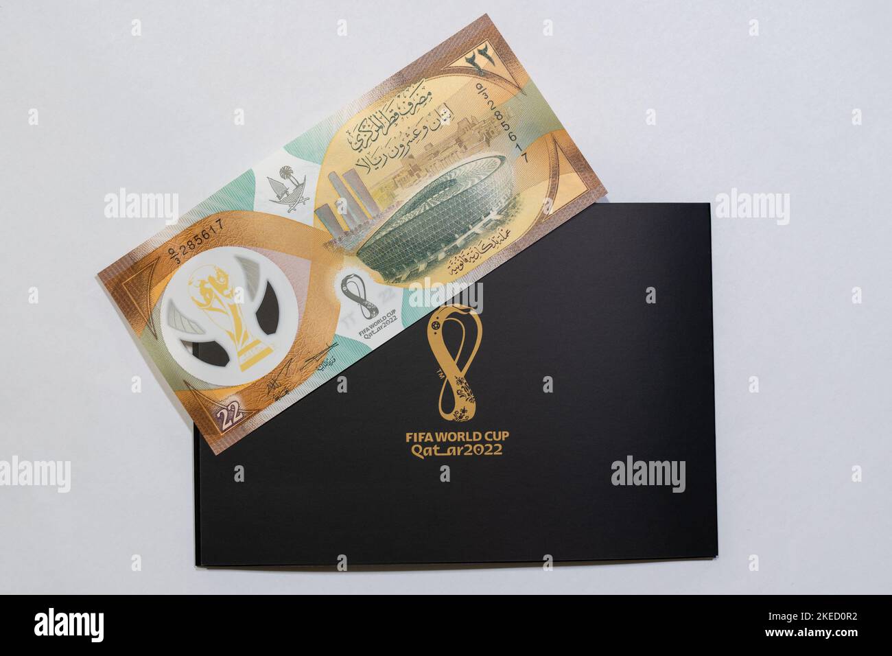 Close up of new Qatar 22 Riyals notes to commemorate the FIFA World Cup ...