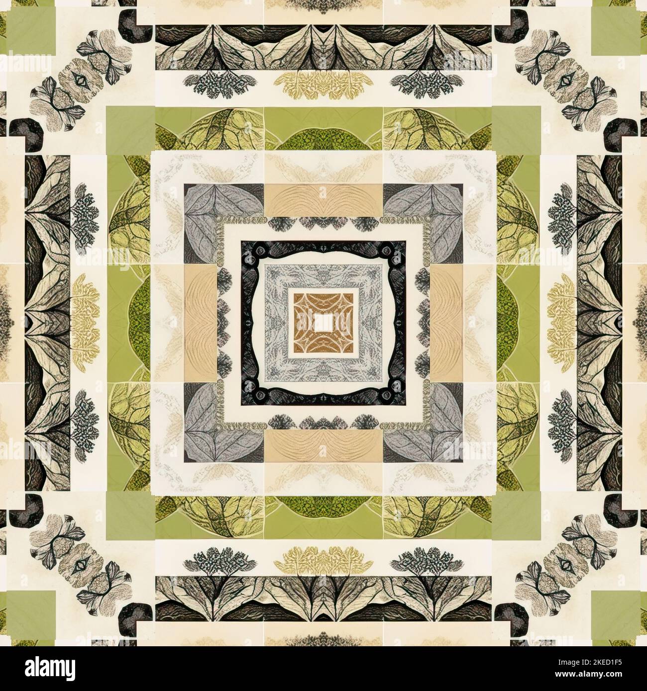 Forest green decorative damask seamless pattern. Geometric kaleidoscope ...