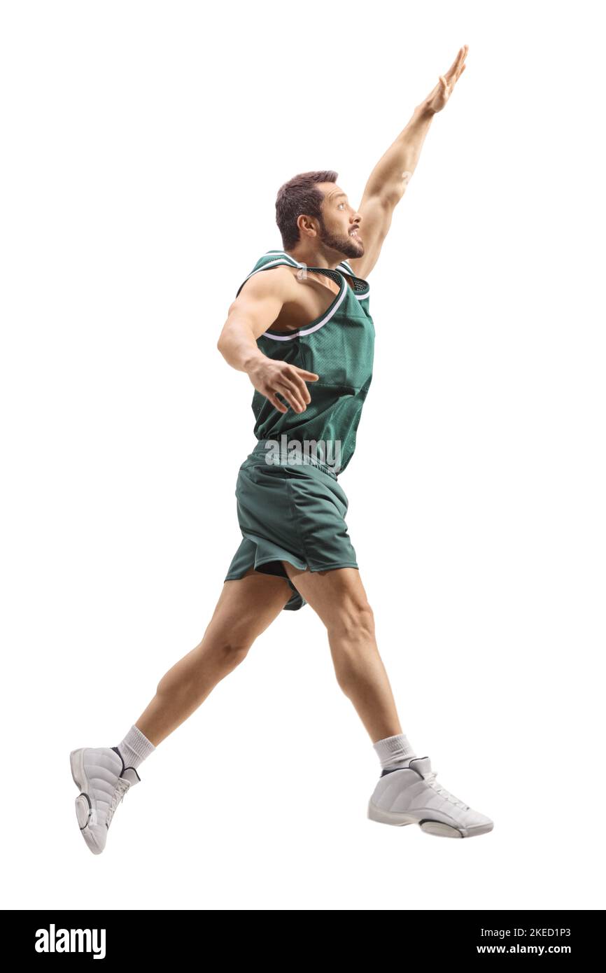 Defensive basketball player jumping and performing blocking isolated on ...