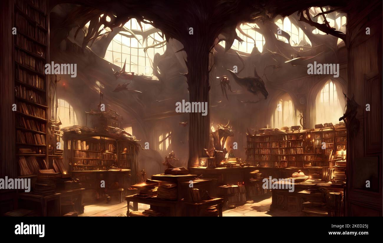 beautiful old fantasy library full of magical books Stock Photo - Alamy