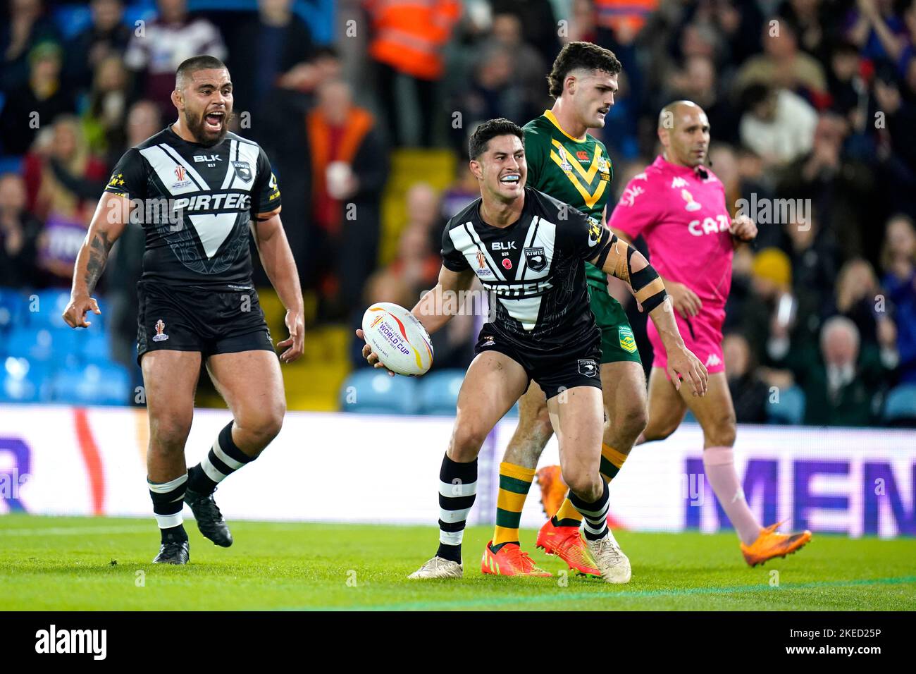 New Zealand's Dylan Brown (centre) celebrates scoring his side's second ...