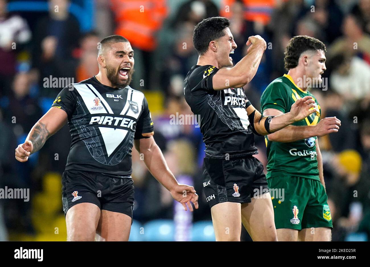 New Zealand's Dylan Brown (centre) celebrates scoring his side's second ...