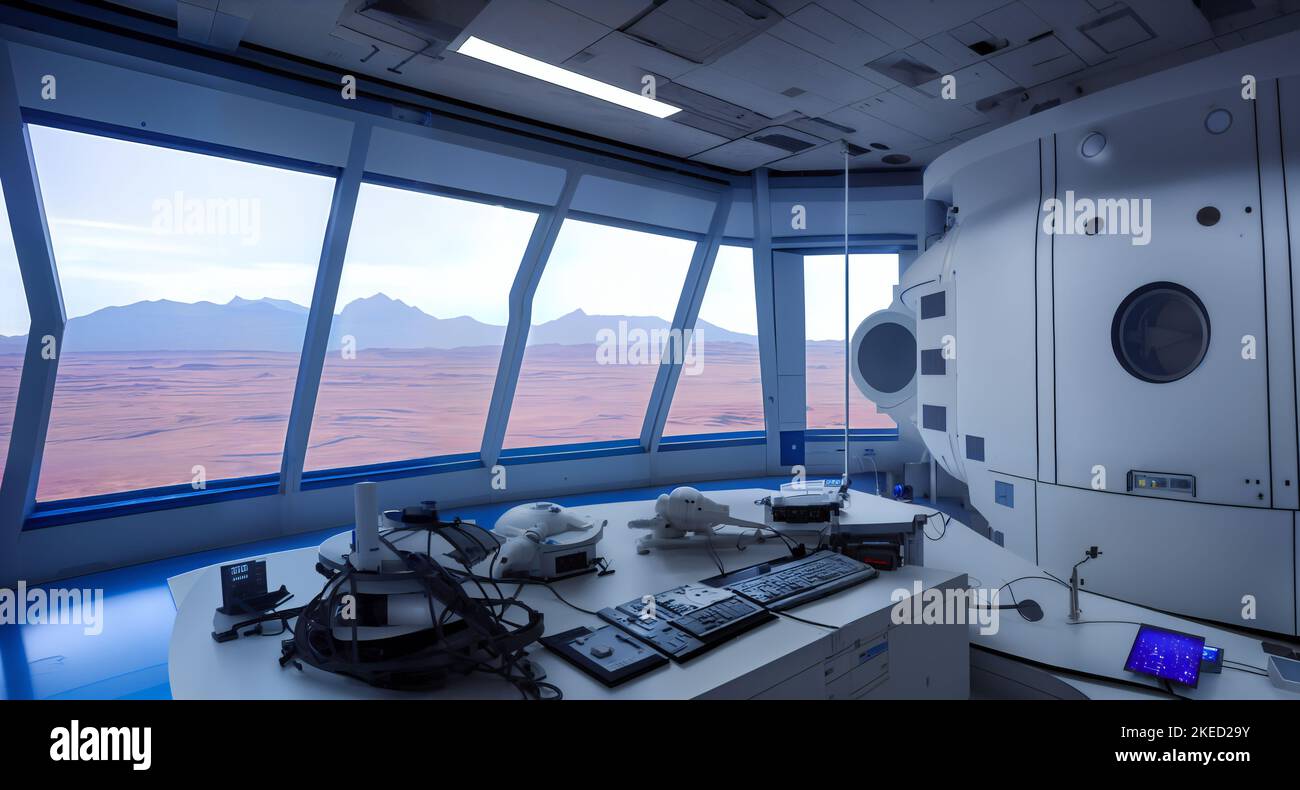 research station on planet Mars, habitat room looking out to the ...