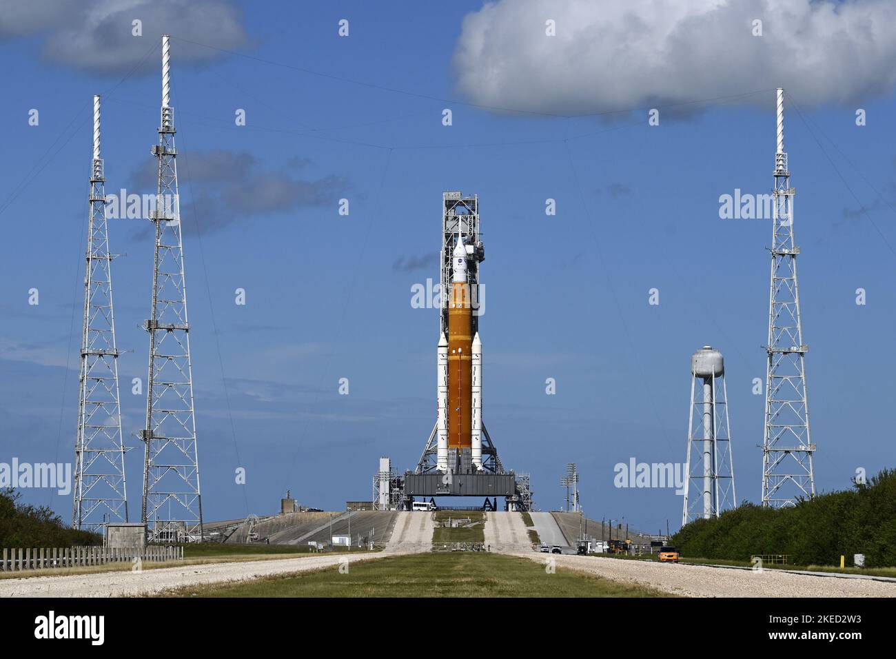 The Space Launch System (SLS) rocket and Orion spacecraft stand on ...